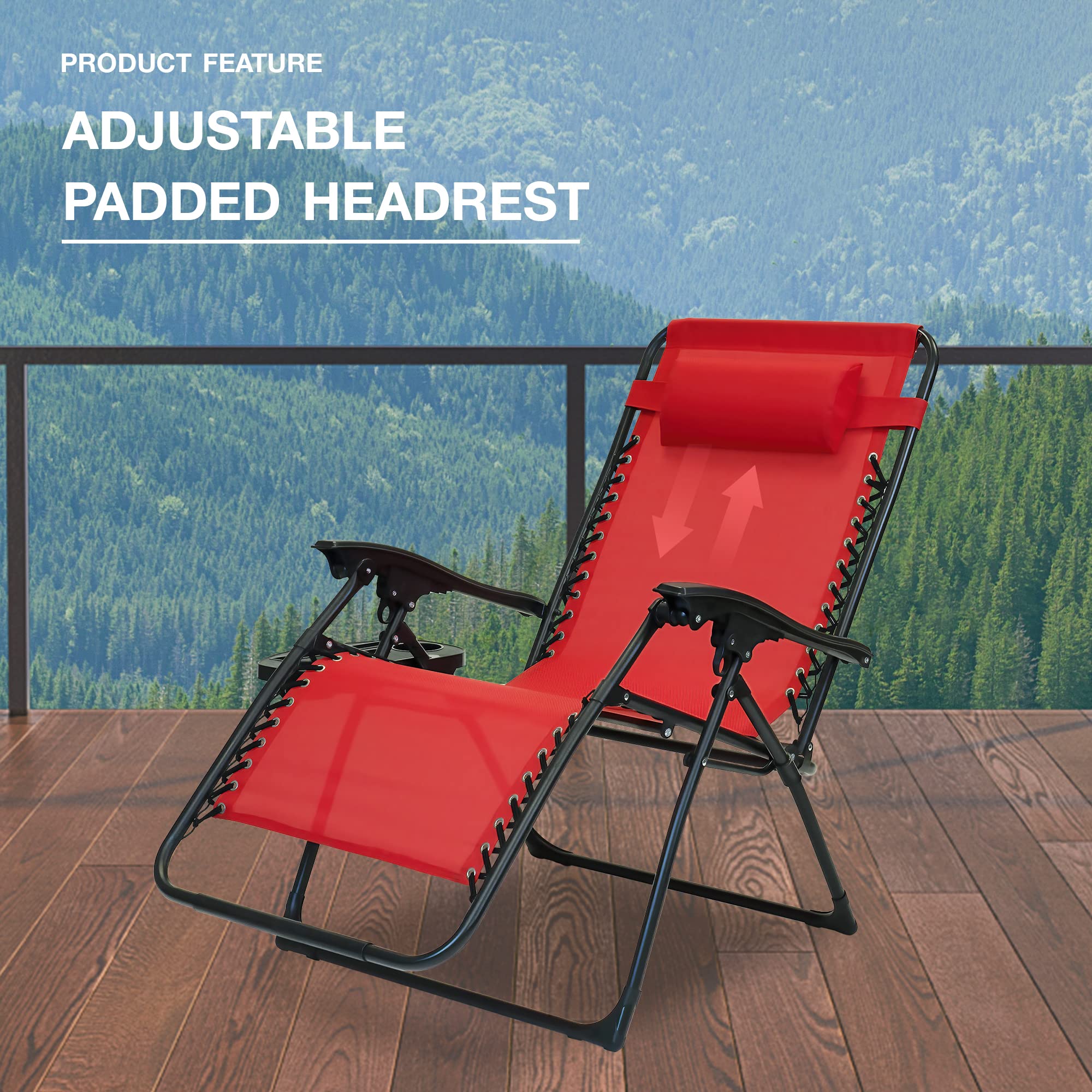 Sun-Ray Oversized Patio Chair with Leg Stabilizers and Big Cupholder, Adjustable Zero Gravity Folding Reclining Outdoor Chair with Pillow, Ruby Red