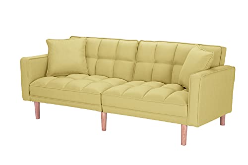 KoiHome Futon Sleeper Sofa Adjustable Back and Two Pillows, Modern Chaise with Conical Solid Wood Legs, Contemporary Home Furniture for Living, Bedroom,Office,Waiting Room, Polyester, Yellow