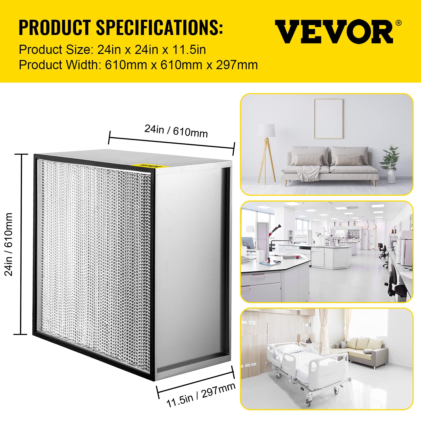 VEVOR HEPA Replacement Filter, 24''x24''x11.5'' AC Filter, True HEPA Pleated Air Filter, Air Filter Replacement with Galvanized Frame, 99.97% Standard Filter Compatible for HEPA Filter Novair 2000