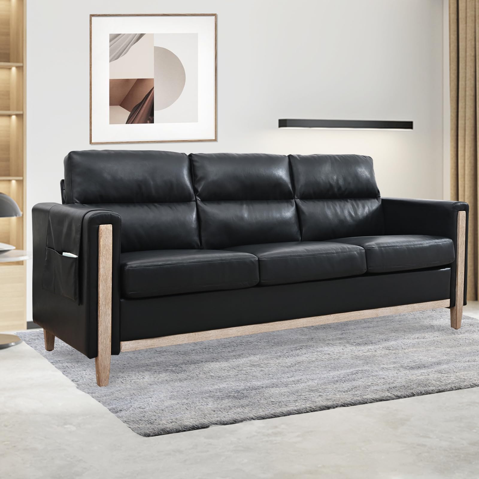 KUVENQIW Faux Leather Sofa Couch with 2 Side Storage Pockets 79.5" Solid Wood 3 Seater Sofa,Soft Cushions,Thick Backrest,Couches for Living Room/Bedroom/Office (Black PU Three-Seater)
