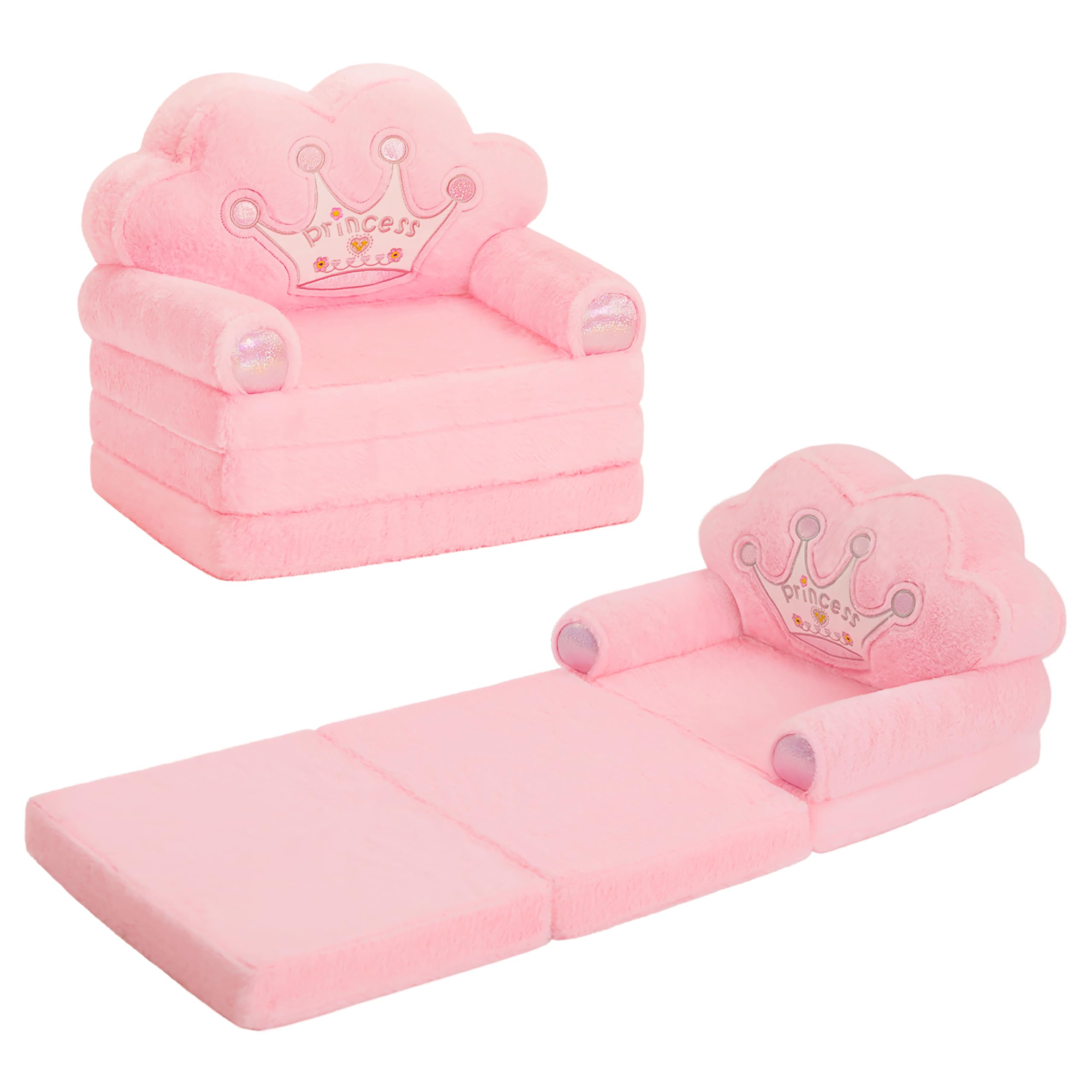 MOONBEEKI Toddler Chair Comfyļ¼Foldable Princess Kids Couch for Girl, Toddler Recliners for Kids Over 18 Months, Kids Sofa Bed Fold Out(Pink)
