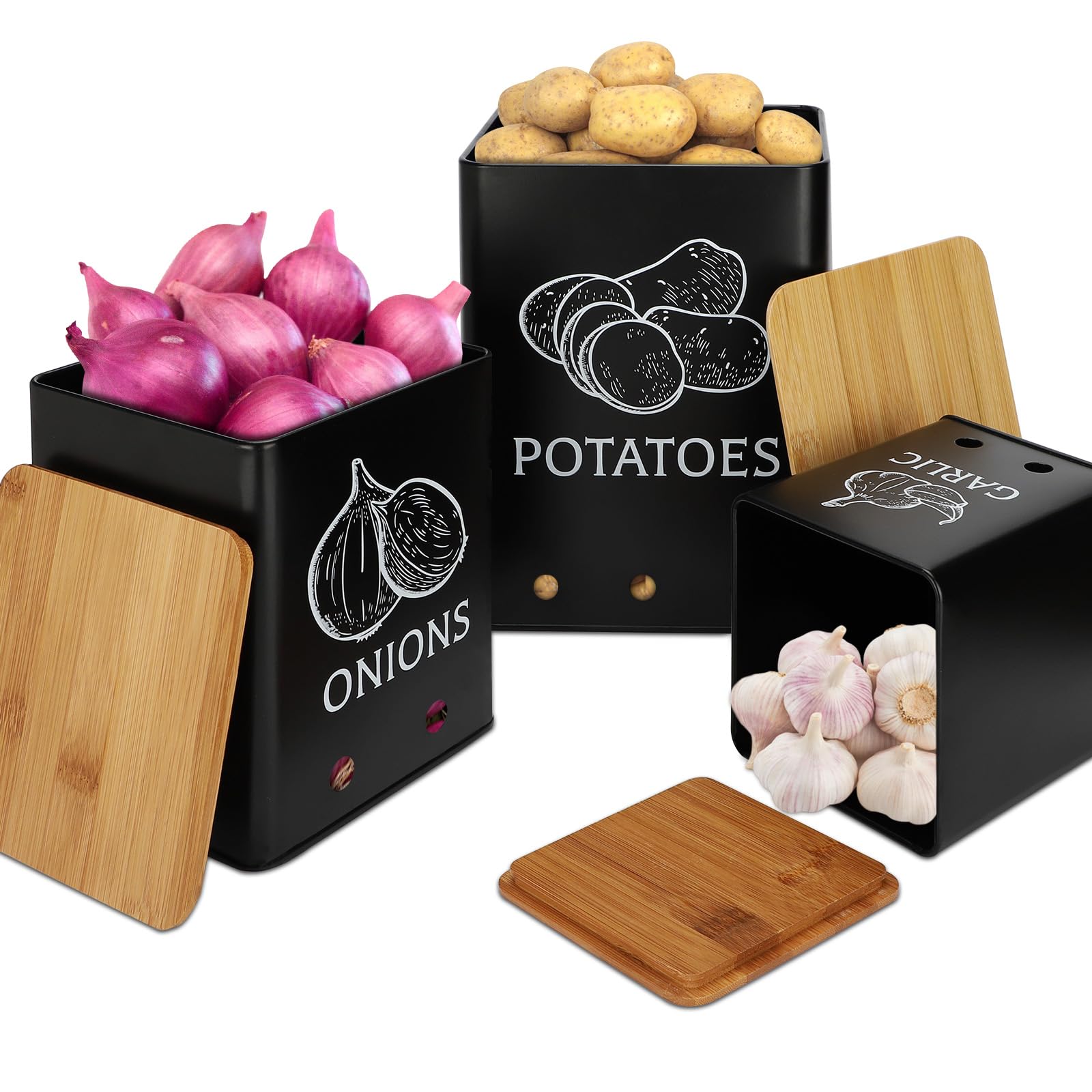 Moondust Wj 3 Pack Vegetable Storage Tins,Potatoes Storage,Metal Onion and Potato Storage Bins,Kitchen Potato and Onion Storage Bin,Onion Storage Containers with Aerating Holes and Wooden Lid.