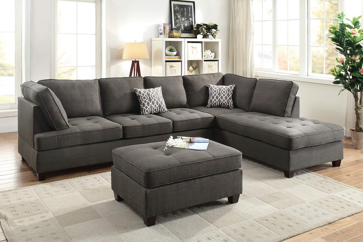 Poundex Bobkona Kemen 2-Pieces Sectional Sofa | Linen-Like Polyfabric Left or Right Chaise | F6988 model | Ash Grey color