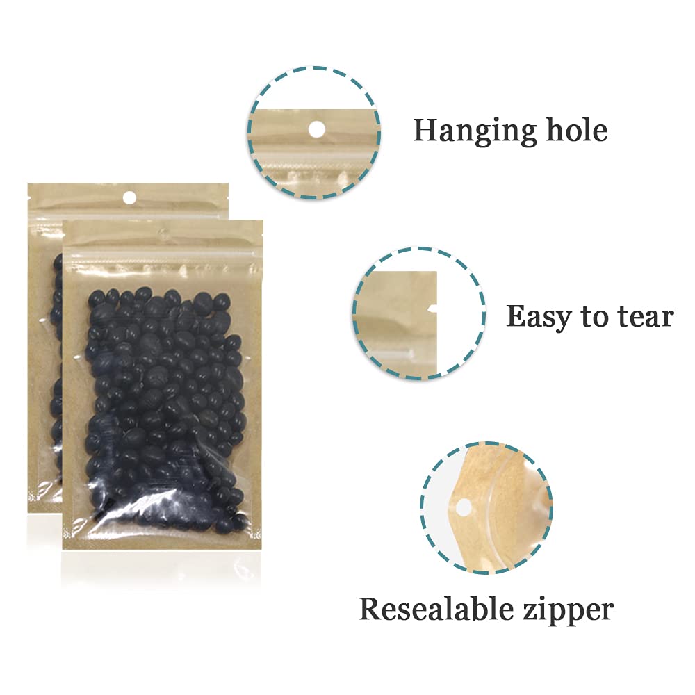 FERENLI 100Pcs Clear Brown Kraft Paper Plastic for Zip Reclosable Bag Lock Flat Heat Sealable Smell Proof Packaging Bags Zipper Lock Coffee Plastic Bags (9x15cm (3.5x5.9 inch))