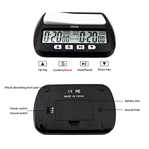VINJOE Chess Clock Digital Chess Timer Professional for Board Games, Portable Digital Chess Clock & Game Timer with Basic,Bonus,Delay and Positive Time Features Best Gifts (Without Battery)