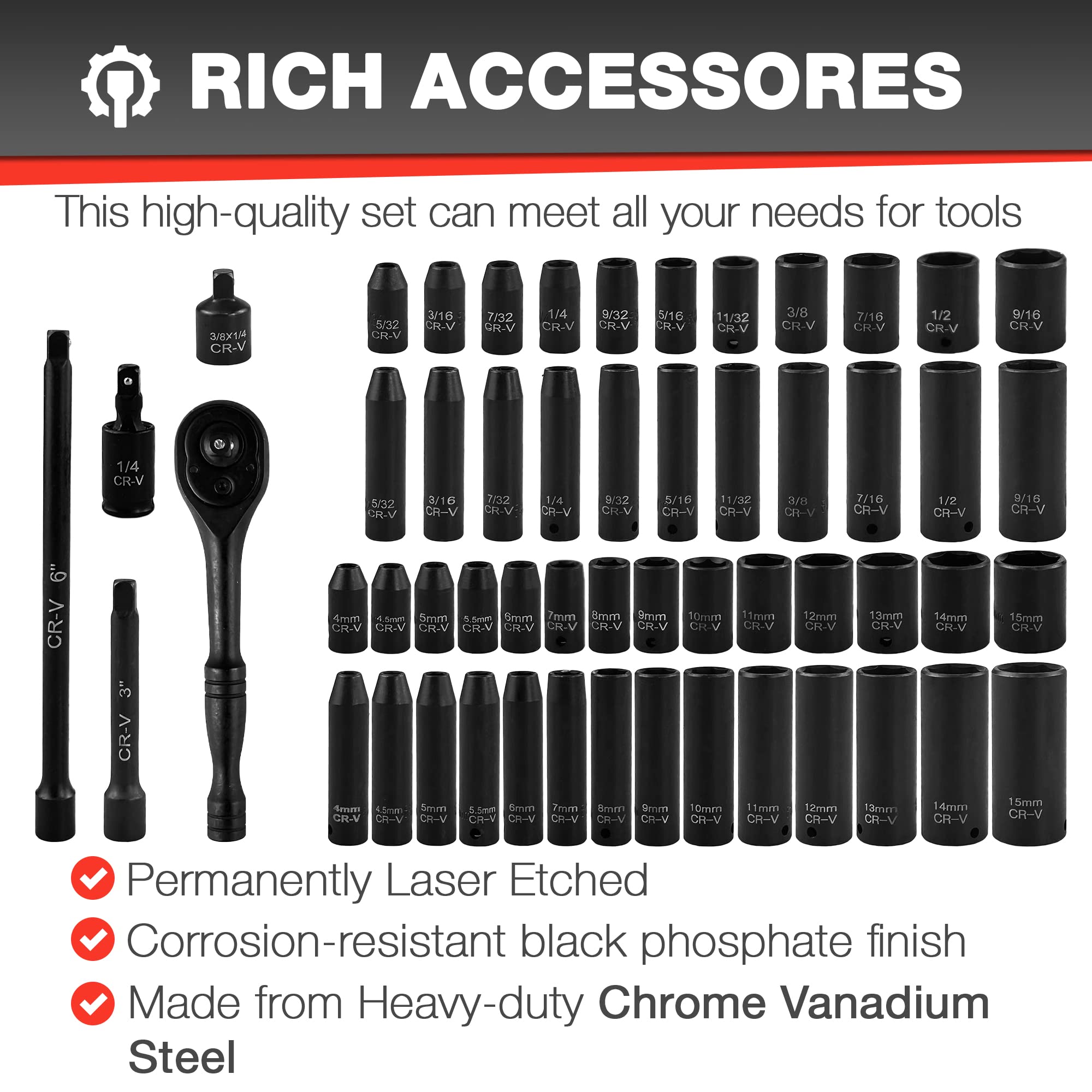 EACELIY 55pcs 1/4" Impact Socket Sets,SAE/Metric, Deep/Shallow, 6 Point,Cr-V Steel,(5/32"-9/16", 4-15mm) Sockets with 72 Tooth Ratchet,Extension bar,Universal Joint and Socket Adapter