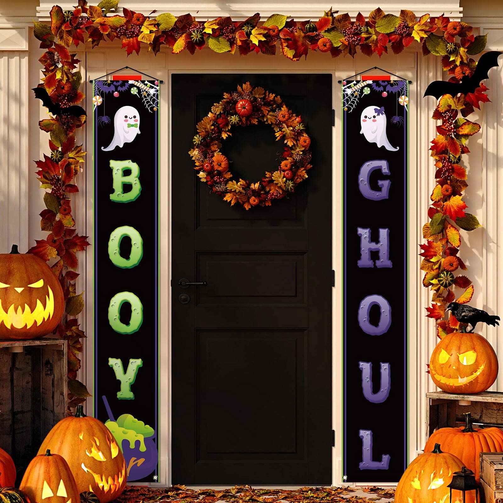 Pudodo Halloween Gender Reveal Porch Banner Booy or Ghoul Ghost Baby Shower Front Door Sign Wall Hanging Holiday Party Decoration