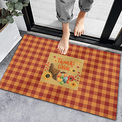 Welcome Doormat Fall Thanksgiving Cornucopia Sunflower Pumpkin,Non Slip Bath Rugs Indoor Door Mats Orange Buffalo Plaid,Entry Way Carpet for Kitchen Bathroom Bedroom18 x30