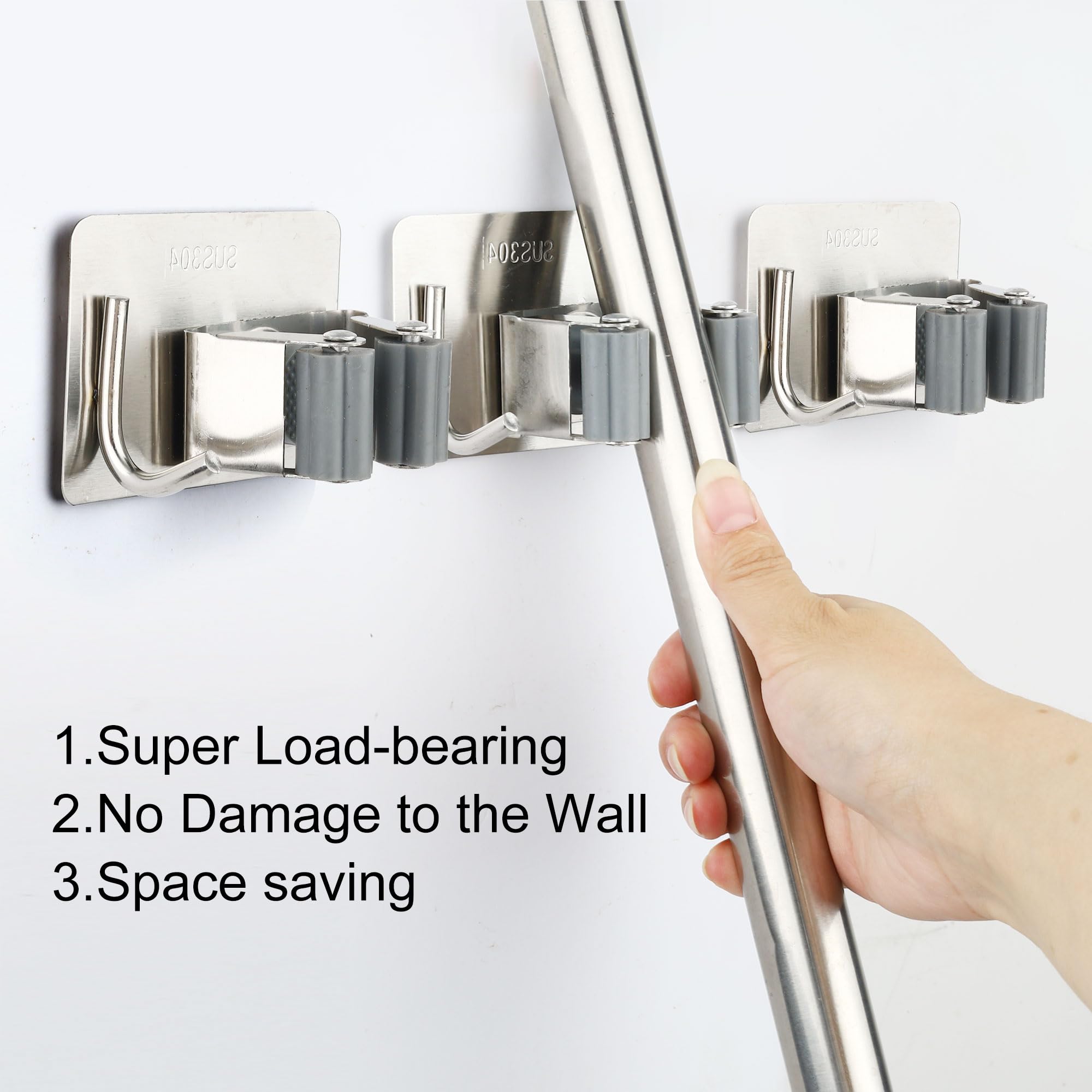 KWOKWEI 5PCS Broom and Mop Holder Wall Mount, Self Adhesive Broom Hanger with Hook, Stainless Steel Garden Tool Organizer Rack Broom Holder for Laundry Room, Bathroom, Garage, Kitchen Black