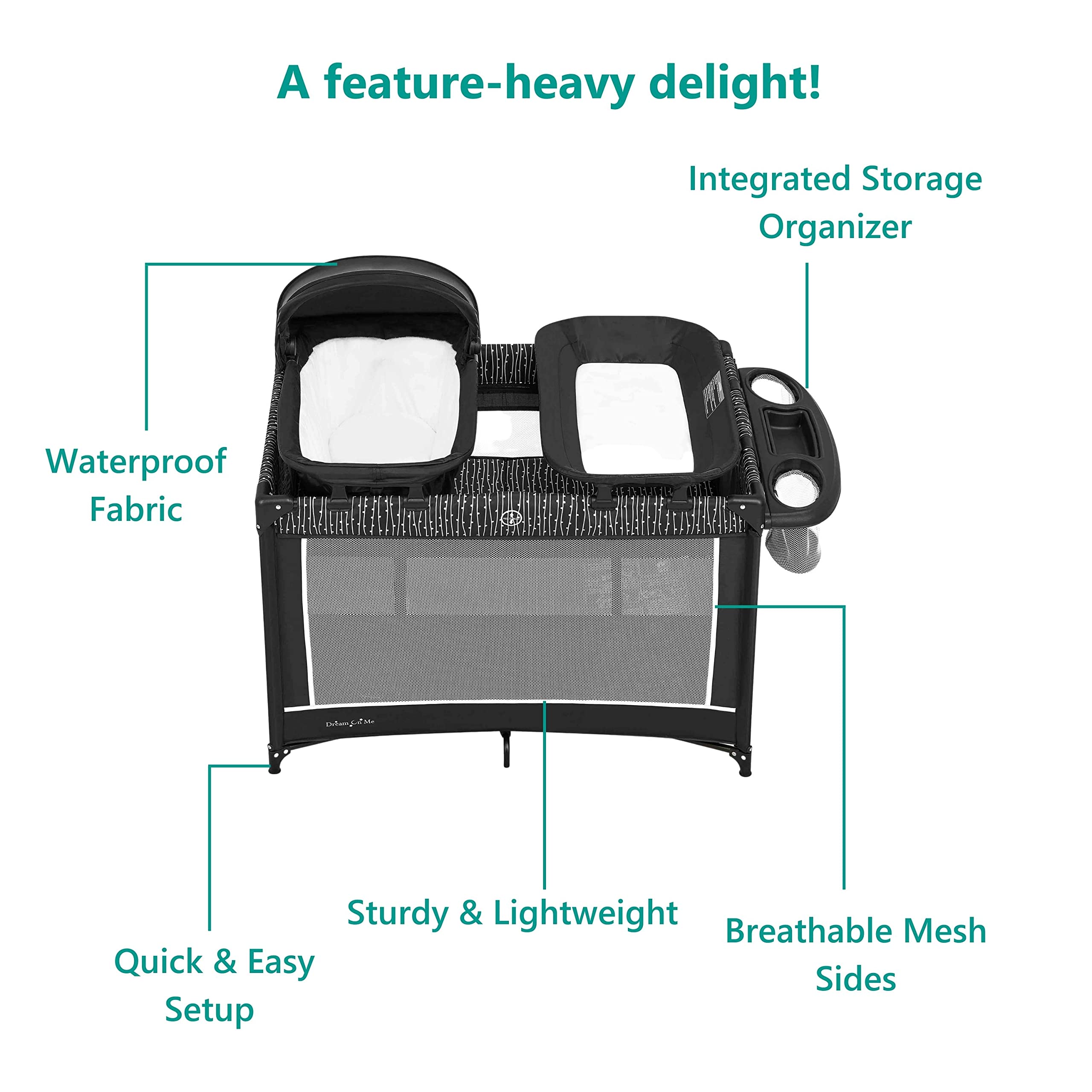 Dream On Me Lilly Deluxe-Playard in Black & White with Full Bassinet, Changing Tray and Infant Bassinet | with Canopy | Waterproof Fabric | JPMA Certified | Lightweight