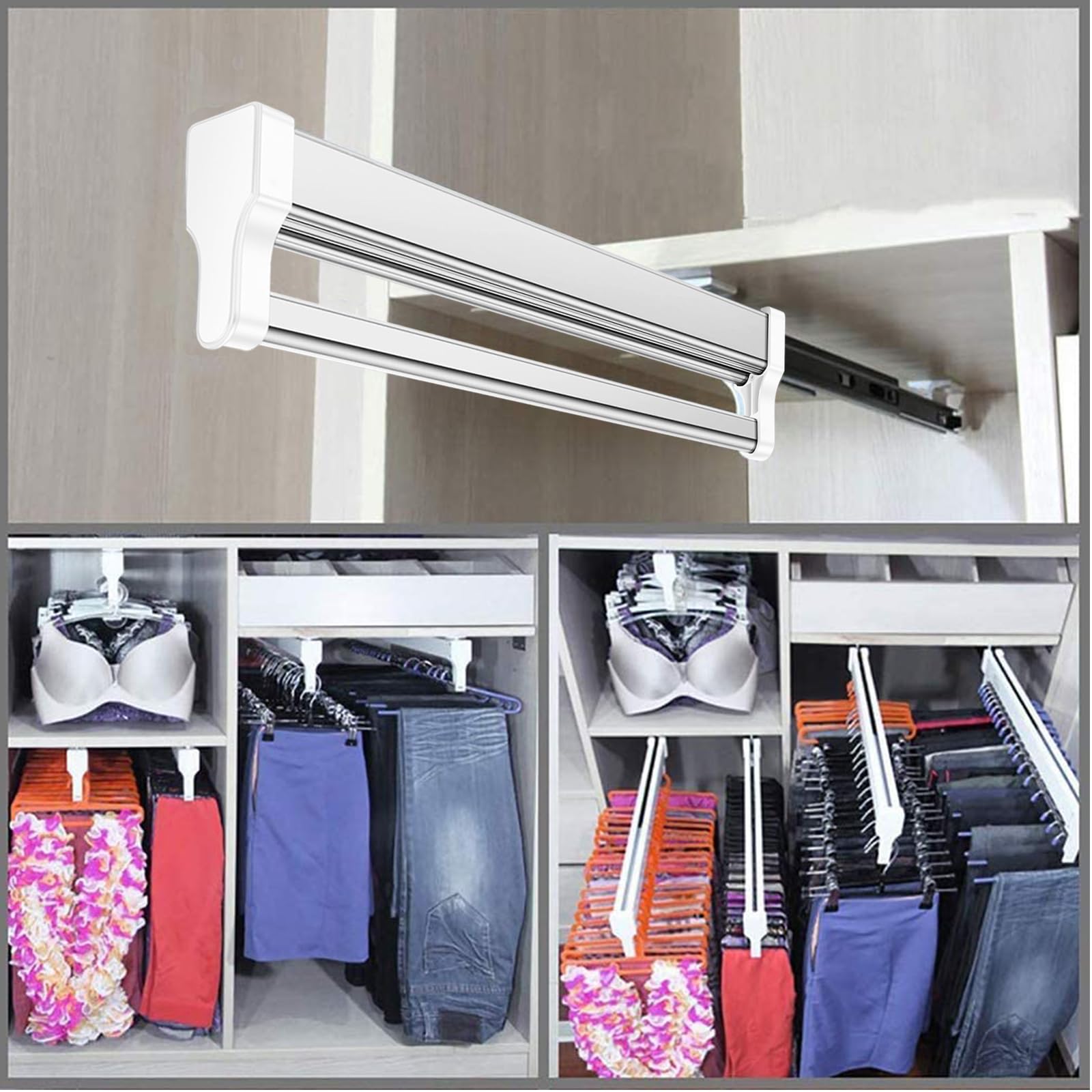 Pull Out Clothes Hanger Rod Adjustable Wardrobe Clothing Rail Hanger Rack Bar for Pants Clothes Stainless Steel (547mm/21.5inch)