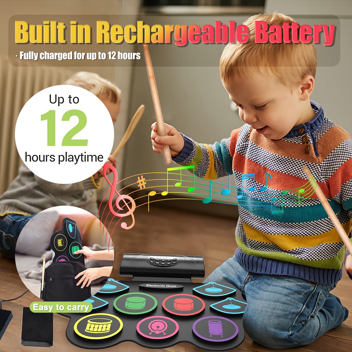 Forstree Electronic Drum Set(Cordless&Rechargeable), 9 Pads Roll-Up Digital Practice Drum Kit for Teens, Beginners, with Double Build-in Stereo Speaker, Drum Sticks, portable Gift for Kids, Christmas