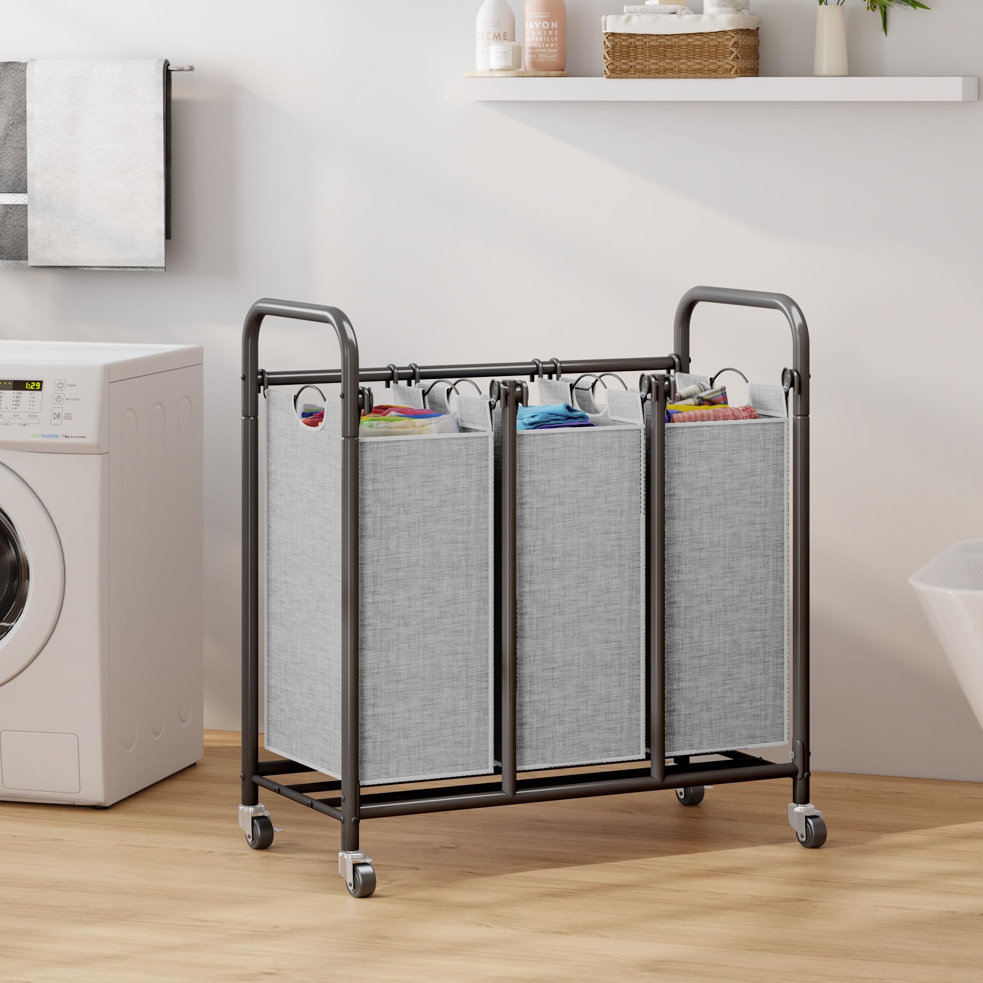 HOMEIJU 3-Bag Laundry Sorter, Laundry Hamper Cart with Heavy Duty Rolling Lockable Wheels and Removable Bags, Laundry Organizer Basket Clothes Separator Hamper, Grey, Large, KJ3009