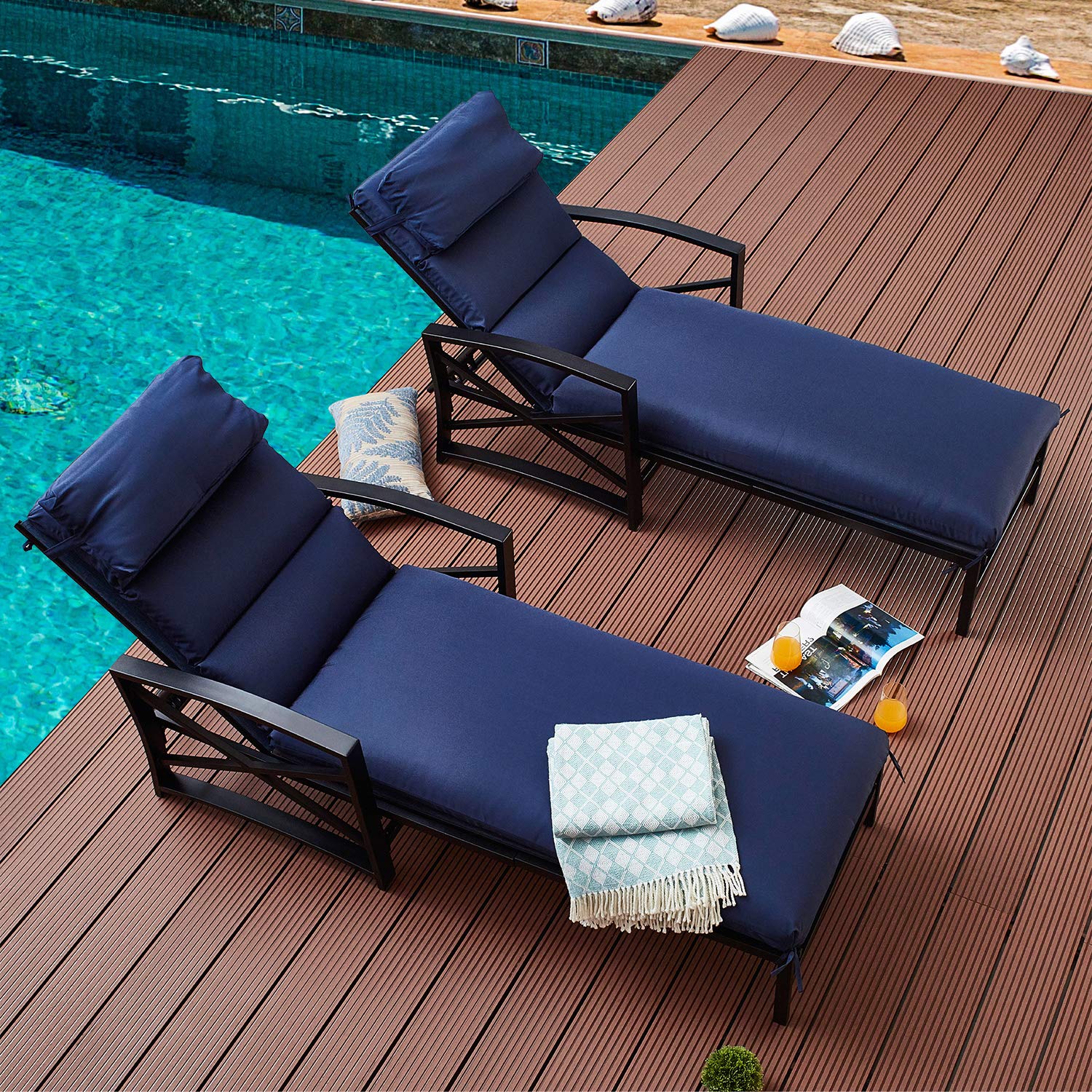 PatioFestival Patio Chaise Lounge Outdoor Adjustable Back Cushioned Chairs All Weather Steel Frame Lounger with Blue Pillow(2Pcs)