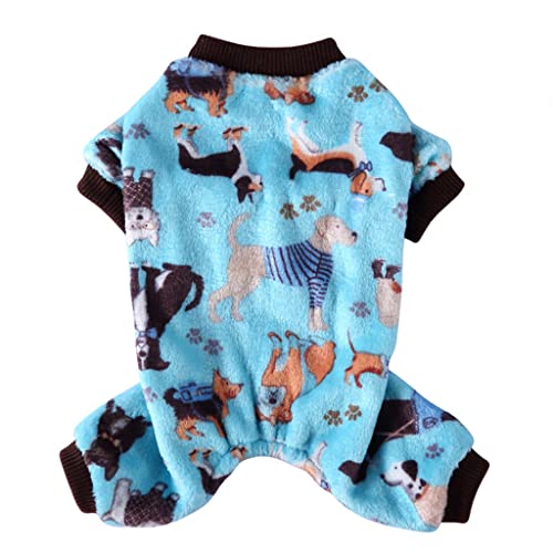 Ornaous Fleece Small Dog Cat Pajamas Shirt,Cute Blue Pet Onesie Pajamas Puppy Footie Jumpsuit Warm Clothes(L Size)