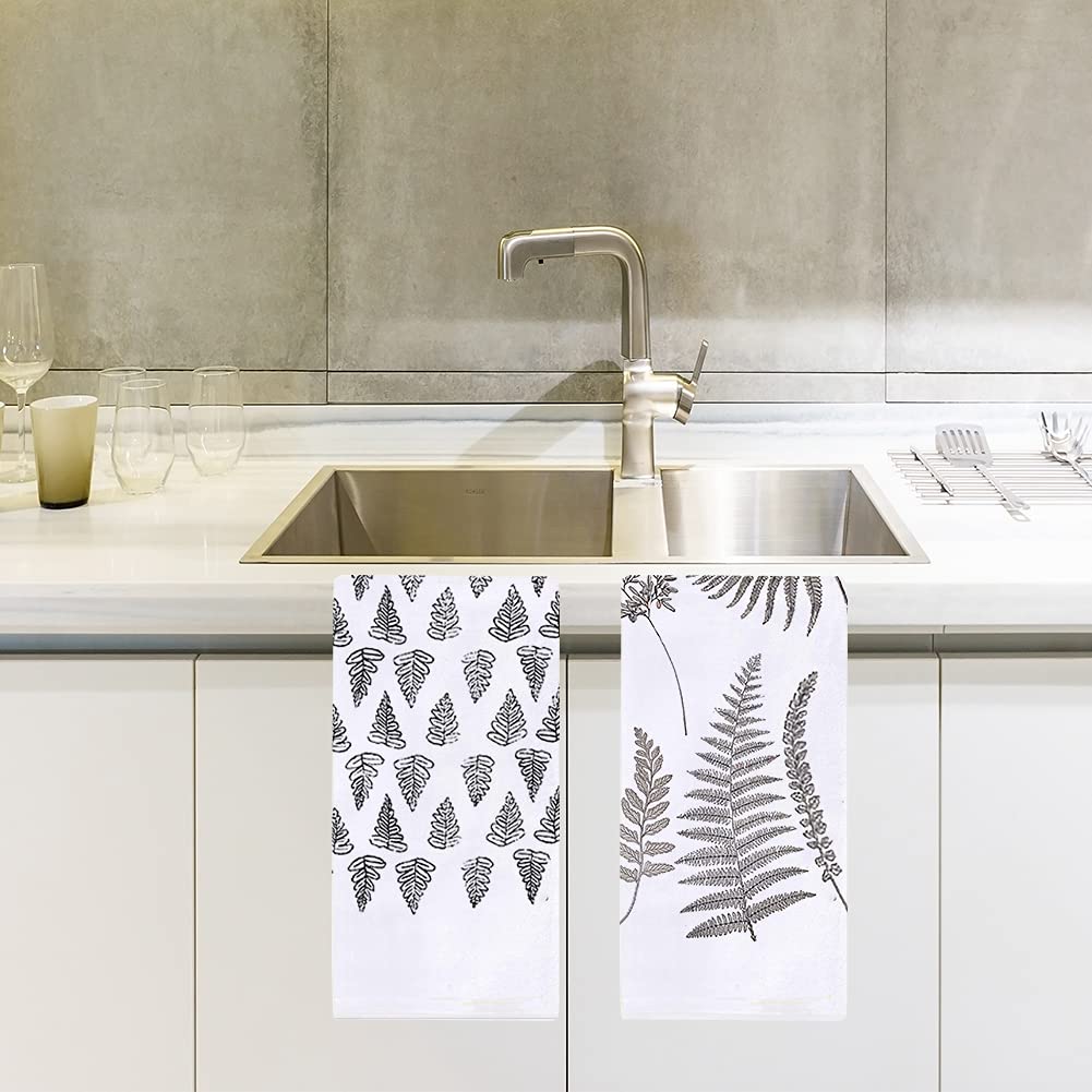 Fern Fronds Pattern Kitchen Dish Towel 18 x 28 Inch, Seasonal Spring Summer Botanical Tea Towels Dish Cloth for Cooking Baking Set of 2
