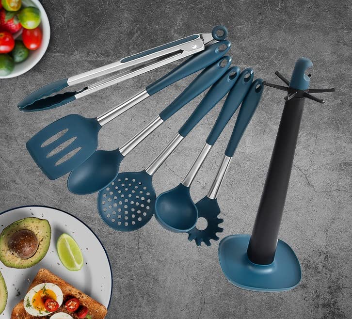 DE'VELO kitchen Cooking Utensils Sets 7pcs Silicone Kitchen Utensils Non-stick Heat Resistant Silicone Kitchen Tools with Stainless Steel Handle for Home Kitchen