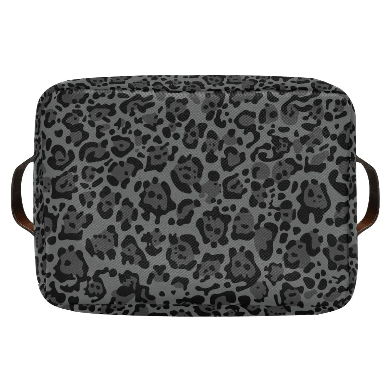 Moudou Black Leopard Storage Basket 2 Pcs, Waterproof Canvas Collapsible Toys Storage Bin with Leather Handles for Closet,Shelves, Nursery, Dorm, Bedroom, Office, Home Decor