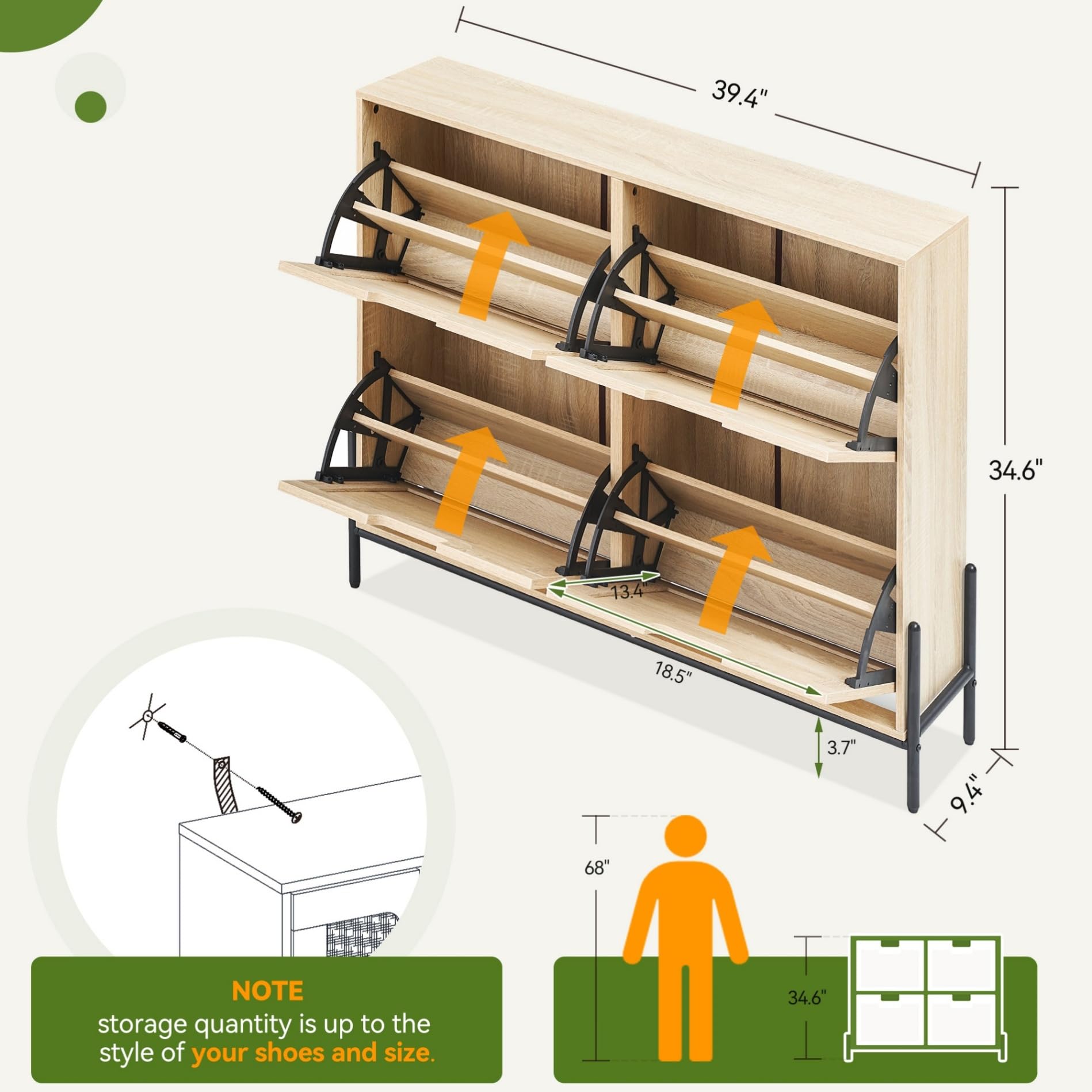 IDEALHOUSE Natural Rattan 4 Flip Door Shoe Cabinet Organizer Freestanding, Modern Shoe Rack Storage Organizer with 3-Tier Adjustable Shelves for Entryway, Closet, Hallway