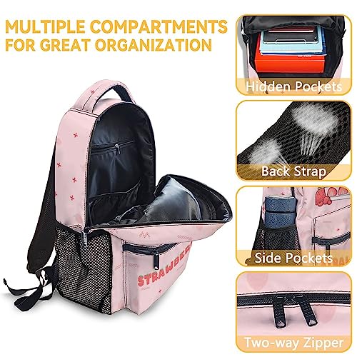 MEETUHONEY Strawberry Backpack for Girls - 16 Inch Cute Backpack for School - Light Pink Lightweight Durable Bookbag for Kids