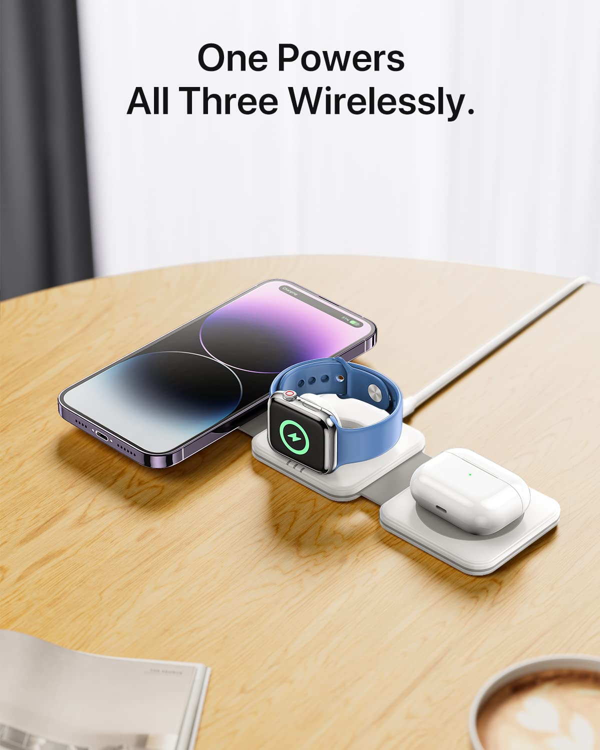 Intoval Foldable Wireless Charger, Magnetic 3 in 1 Charging Station, Fast Wireless Charging for Travel, for iPhone 15/Pro/Max/14/Pro/Max/Plus, Apple Watches, AirPods 3/Pro 2(M3,White)
