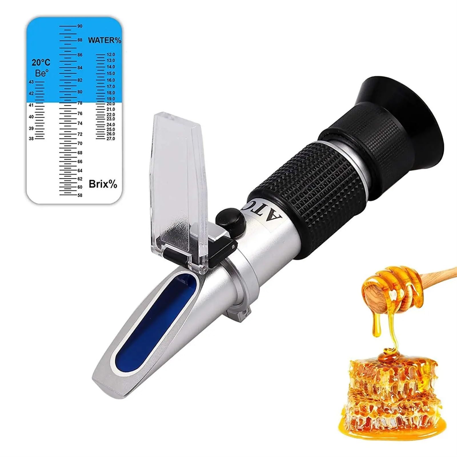 KYKYK Refractometer, 3-in-1 Uses,58-90% Brix Scale Range Honey Moisture Tester Honey Refractometer for Honey Moisture,Brix and Baume, with ATC for Fruit, Homebrewing, Juice, Vegetables