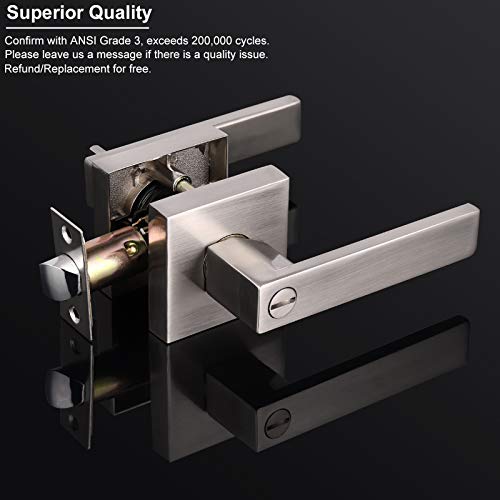 Knobonly 6 Pack Square Privacy Door Handle Keyless Lockset Brushed Nickel Bedroom Bathroom Interior Door Lever Locked Inside with Turn-Button