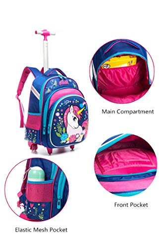 Meetbelify Girls Unicorn Rolling Backpacks Kids Backpack with Wheels for Girls School Bags with Lunch Box