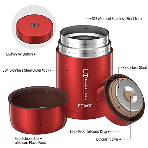 FEWOO Food Jar - 27oz Vacuum Insulated Stainless Steel Lunch Thermos, Leak Proof Soup Containers with bag for Hot or Cold Food (Red)
