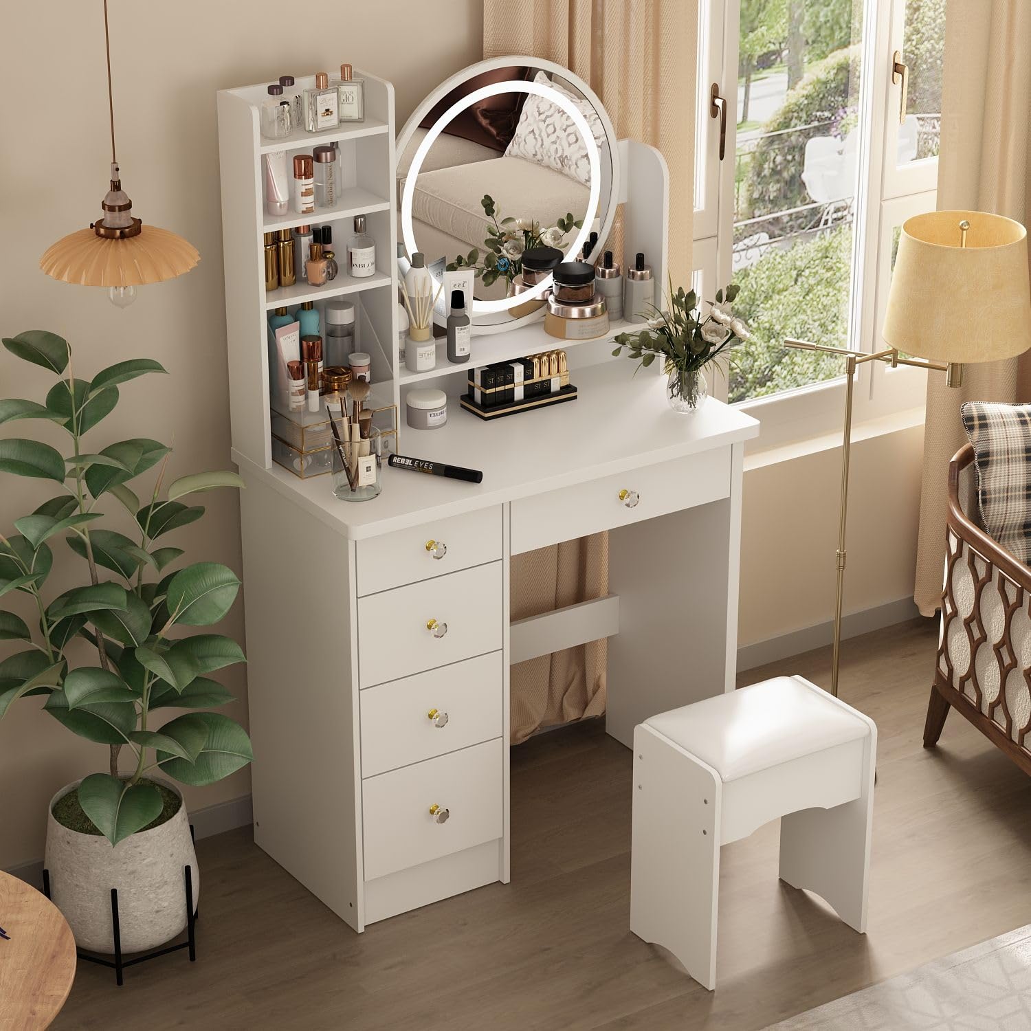 MOUMON Vanity Desk Vanity Mirror Makeup Desk with Lights, Vanity Desk with Mirror and Lights, Makeup Vanity with Drawers and Shelves, Crystal Handles, Cushion Stool, White