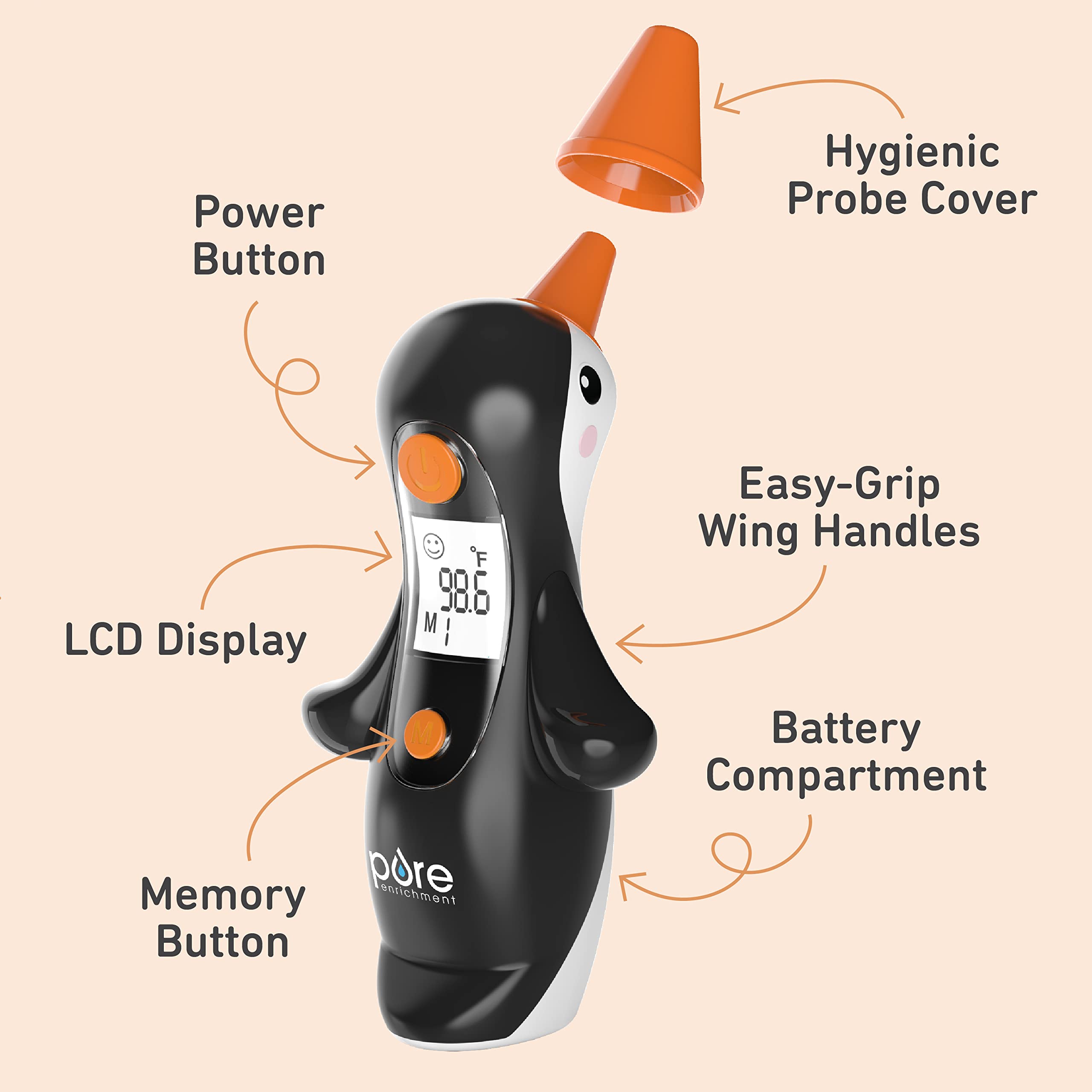 Pure Enrichment® PureBaby® Penguin Ear Thermometer - InstaRead™ Technology, LCD Backlit Display, 10 Memory Settings, Dual Scale Readings, Fever Alert, & Cover - Ideal for All Ages, Babies and Children