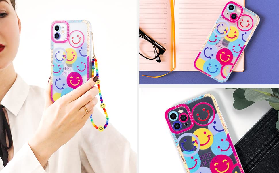 Yebowe [3 in 1] Cute Smiley Face Case for iPhone 11 with Screen Protector+ Beaded Phone Charm, Soft TPU Clear Aesthetic Protective Cover Happy Smile Face Design for Women Girls