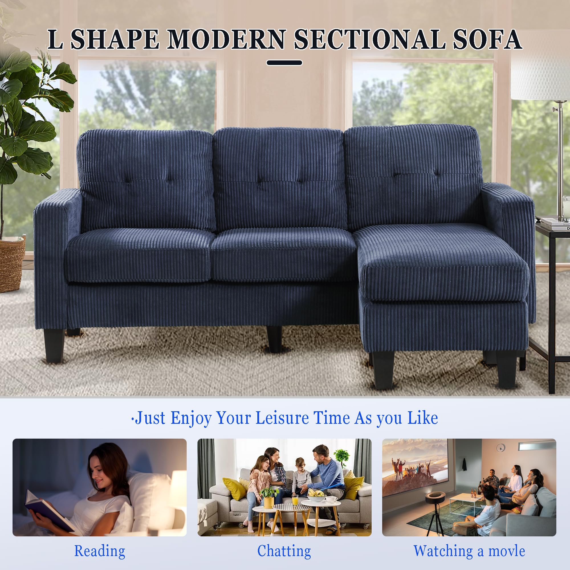 KYLE & KAY 73'' Convertible Sectional Sofa Couch, 3 Seat L-Shaped Sofa with Reversible Chaise, Small Couches for Small Spaces,Living Room, Apartment and Office, Navy