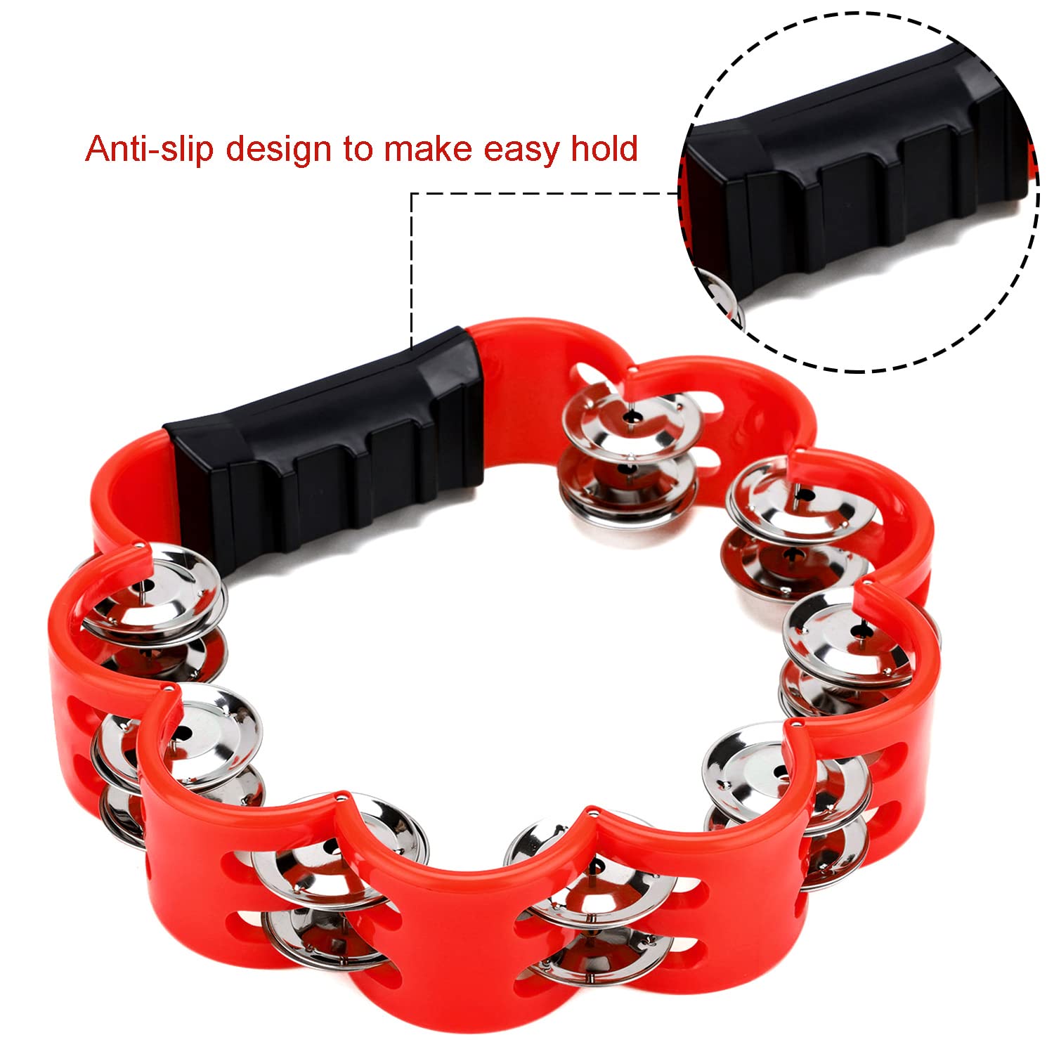 Facmogu 2 Pack Double Row Handheld Percussion Tambourine, Hand Tambourine Bells Music Instrument - Red