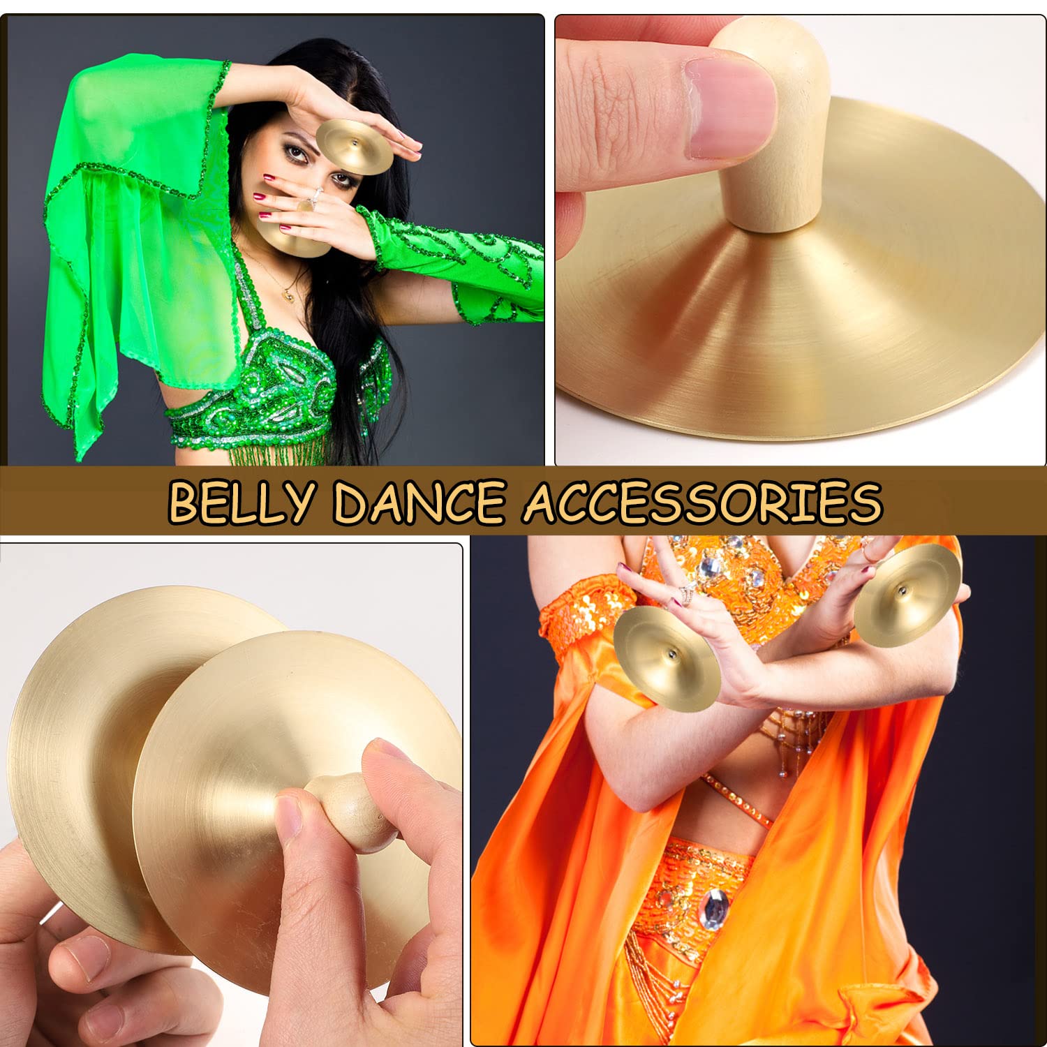 Facmogu 2 Pair 3.5 Inch Finger Cymbals, Generic Hand Cymbals With Wood Knobs for Belly Dance Lover, Belly Dance Finger Cymbal with Wooden Handles for Dancer Party