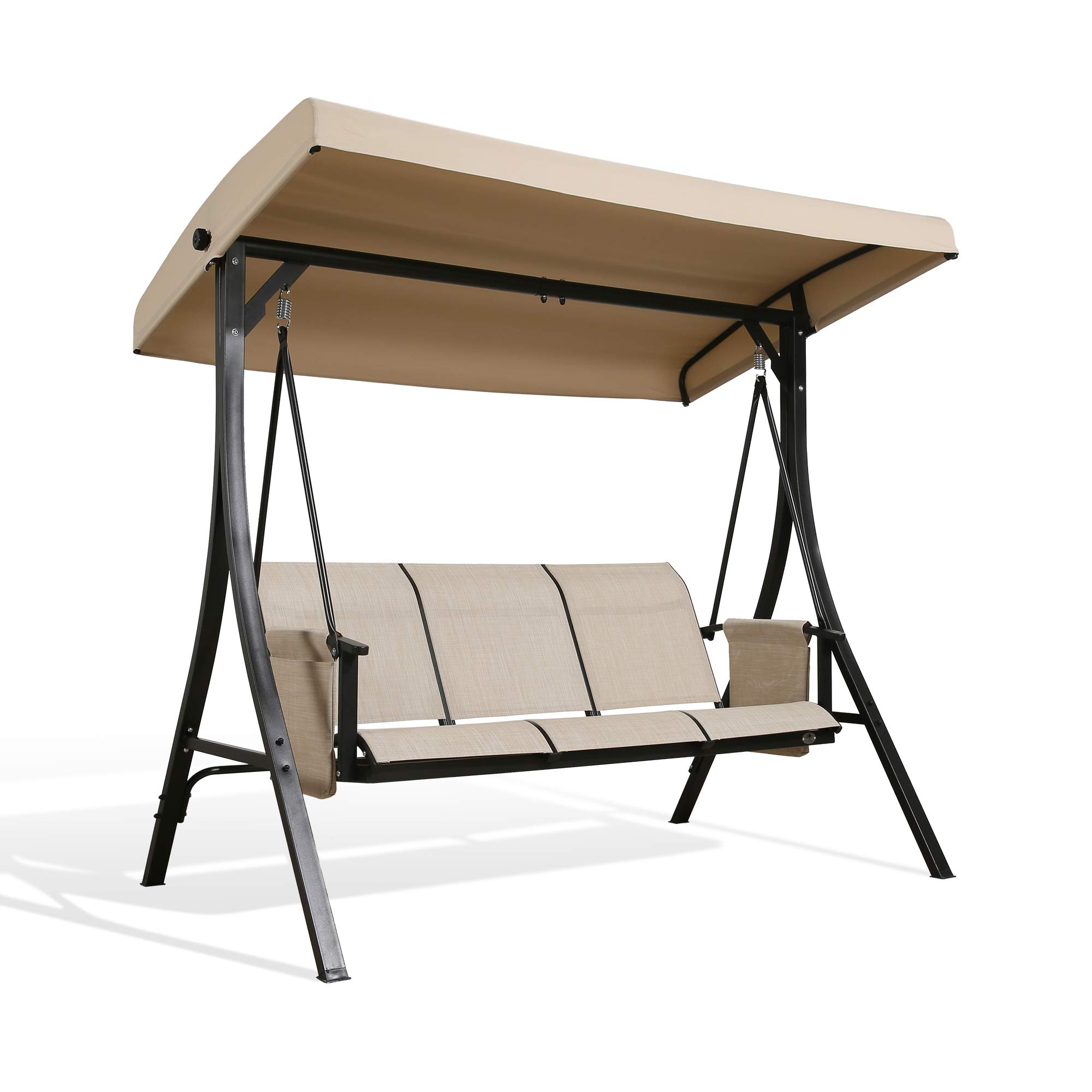 Patio 3-Seat Textilene Porch Swing, Outdoor Swing Glider with Stand and Adjustable Polyester Canopy (Beige)