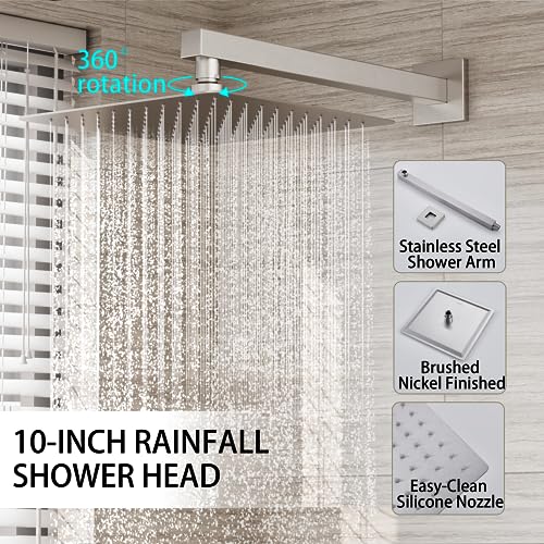 Holispa Brushed Nickel Shower System, Shower Faucet Set with 10-Inch Rain Shower Head and Handheld, Wall Mounted High Pressure Shower Head Combo Set with Shower Valve and Shower Trim, Brushed Nickel