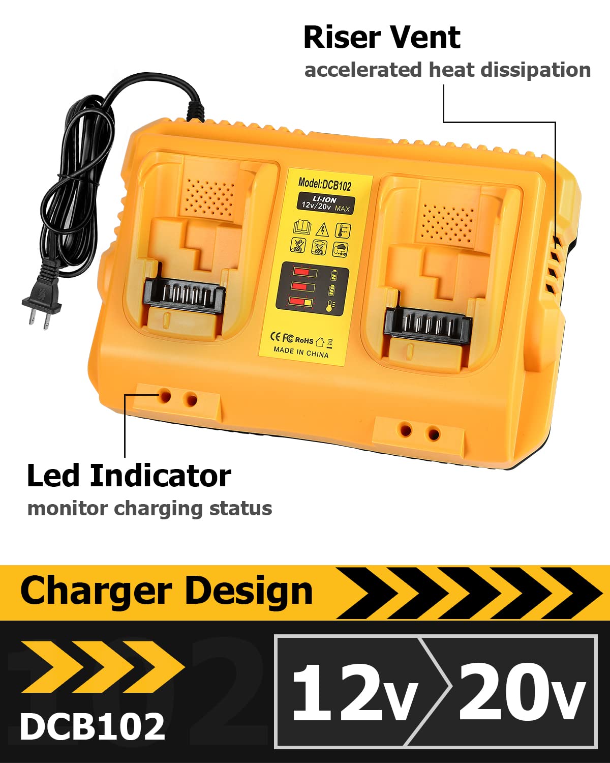 DCB102 Replacement for Dewalt Battery Charger Station Comaptible with Dewalt 12V/20V Battery Charger Work with Dewalt 20V Battery and Tools(Yellow)