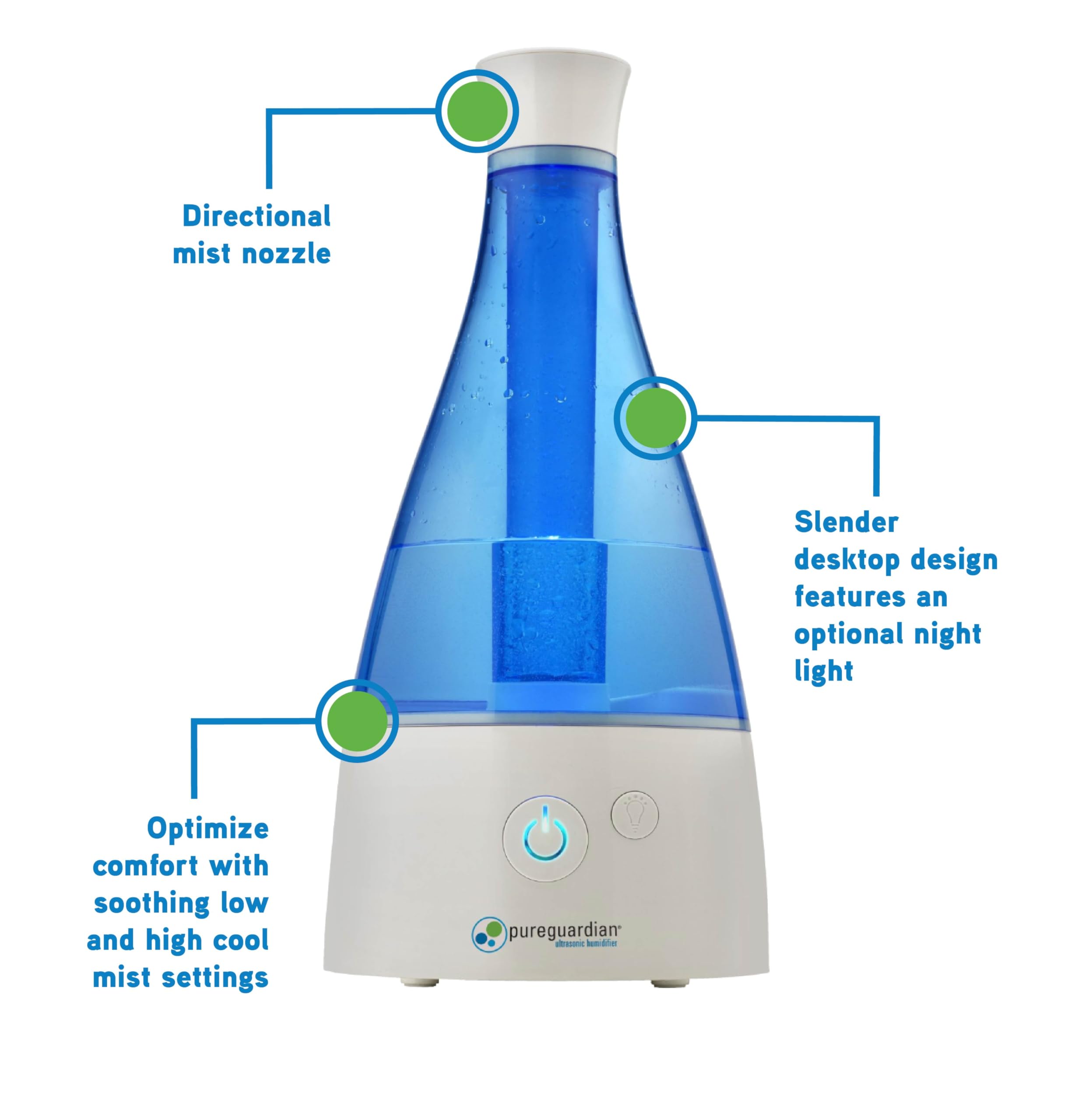 PureGuardian Ultrasonic Cool Mist Humidifier, 30 Hrs. Run Time, 0.5 Gal. Tank Capacity, 350 Sq. Ft. Coverage, Small Rooms, Quiet, Filter Free, Silver Clean Treated Tank, H940AR