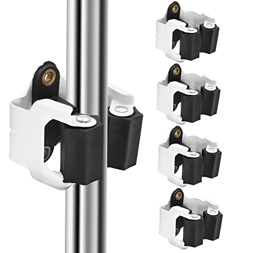 Waziaqoc 5PCS Wall Mount Broom Mop Holder, Bathroom Mop Hanger Wall Mounted Mop Clip with Screws for Garden Bathroom Kitchen - White & Black