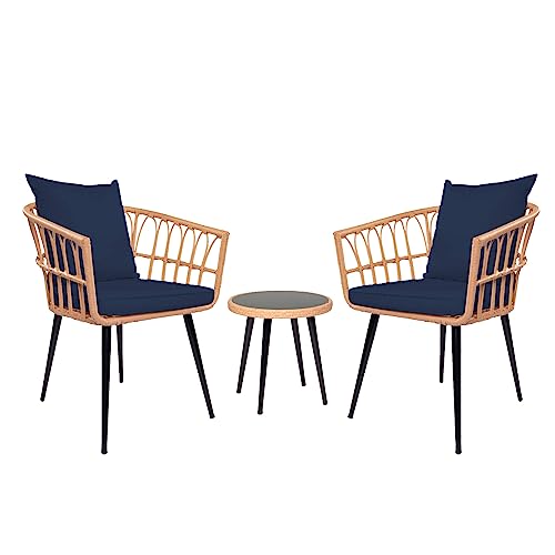Koruiten 3-Piece Patio Bistro Sets, Outdoor Wicker Dining Conversation Furniture Sets with Cushions, Tempered Glass Side Table and 2 Patio Porch Chairs for Balcony, Backyard (Dark Blue)