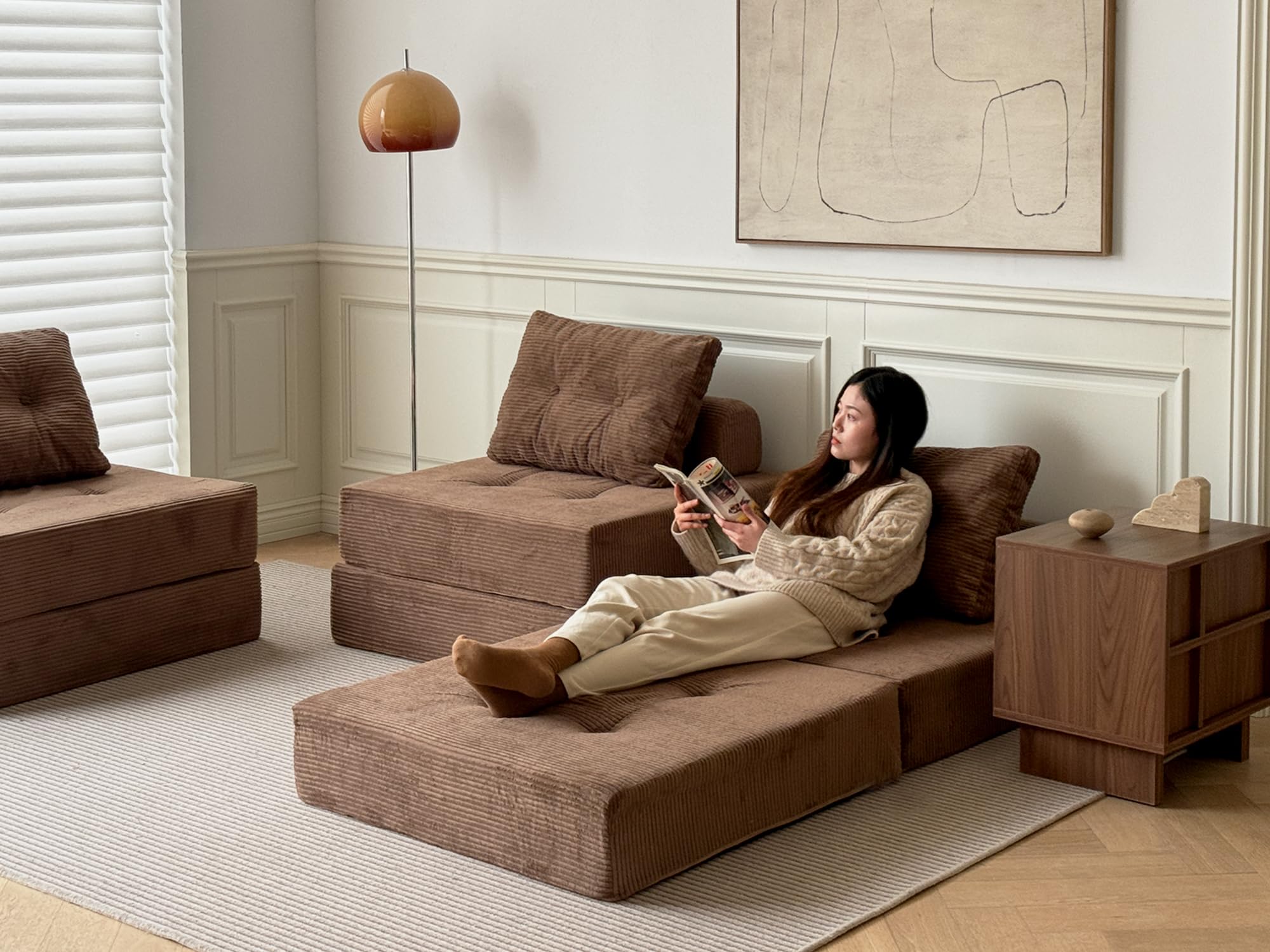 N&V Free Combination Convertible Folding Sofa Bed, Armless Foam Floor Sofa, Sleeper Floor Couch for Living Room and Bedroom Sleeper Chair with Pillow(Brown, 35 * 35 inch)