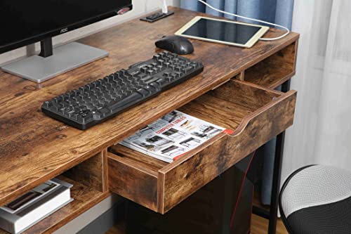 JJS 48' Writing Desk with Power Outlet, Home Office Contemporary Large Computer Desk Laptop Workstation with Drawer USB Ports Charging Station, Rustic Brown