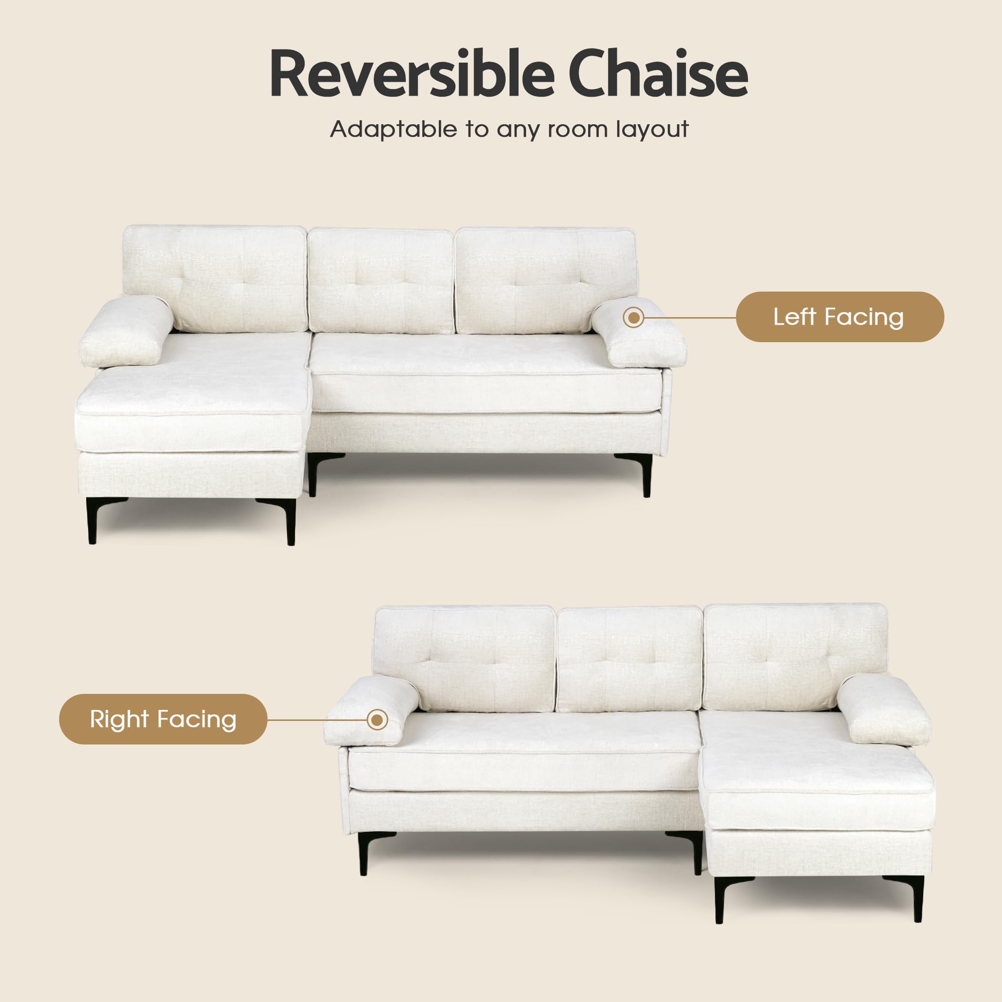 L Shaped Convertible Sectional Couch,82" Luxury Chenille 3-Seater Comfy Sofa With Reversible Chaise & Fluffy Armrests For Living Room Apartment Small Space Bedroom Office(Beige+Black legs,82")