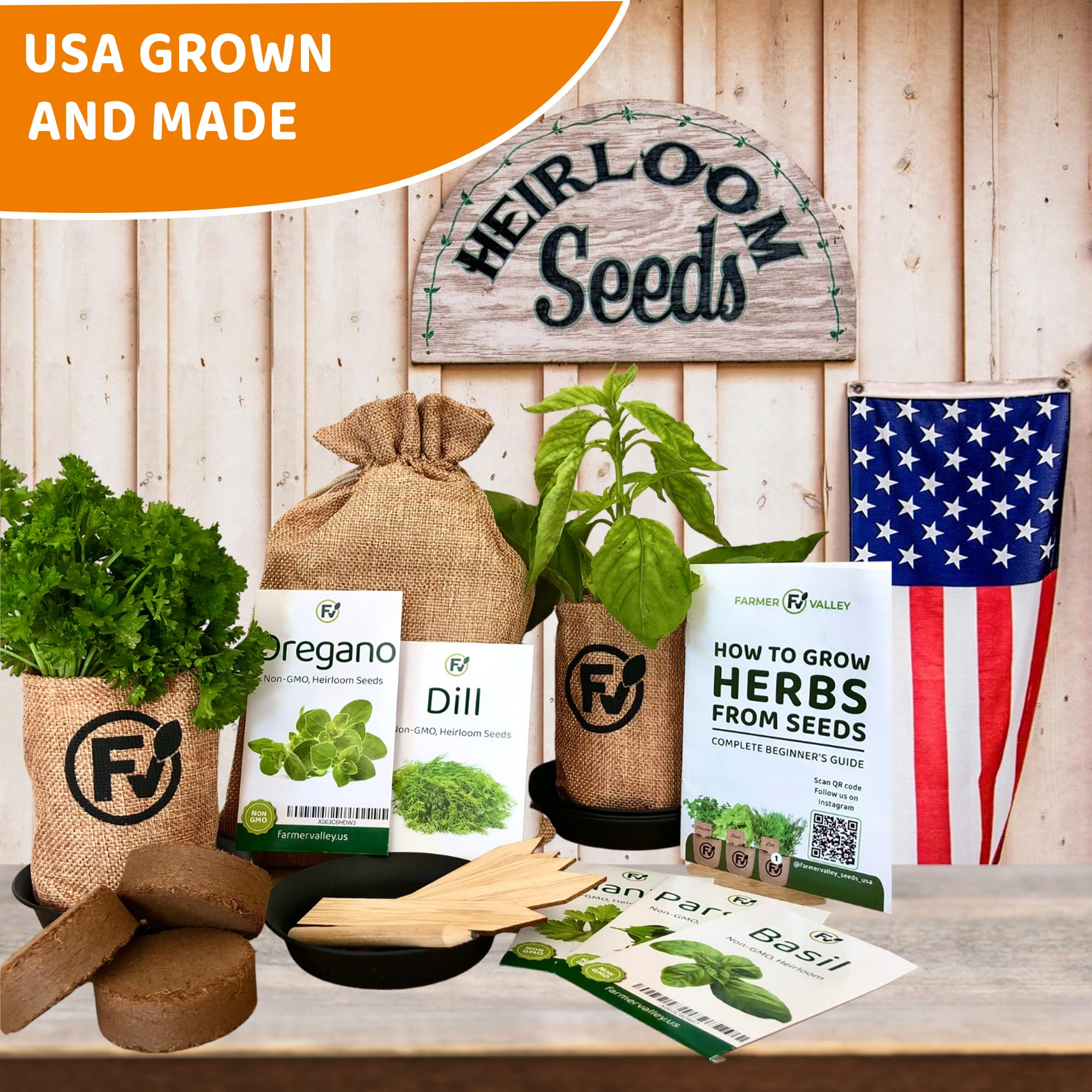 Indoor Herb Starter Grow Kit - 5 Different Medicinal & Tea Herb Seeds - Parsley, Basil, Cilantro (Coriander), Dill, Oregano - Non GMO and Heirloom - Including Pots and Soil - Made in USA