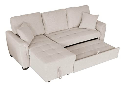 Melpomene Upholstered Sectional Sofa Couch, Convertible Pull Out Bed Sleeper Sofa with Storage 3 Seater L Shaped Couch with 2 Pillows,Linen Fabric Corner Sofa for Living Room(Beige)