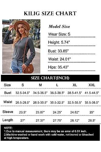 KILIG Women's Basic Long Sleeve Henley Shirts V Neck Button T Shirt Casual Plain Tops Slim Fit for Autumn Winter(D5-Dark Gray,Small)
