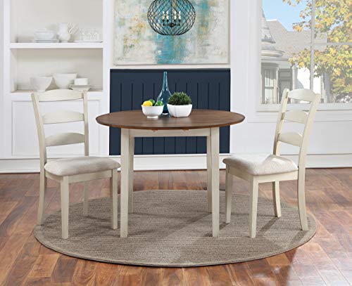 OSP Home Furnishings Murphy 3-Piece Drop-Leaf 42 Inch Round Dining Table and Chairs Set, Tobacco Top and Cream Base