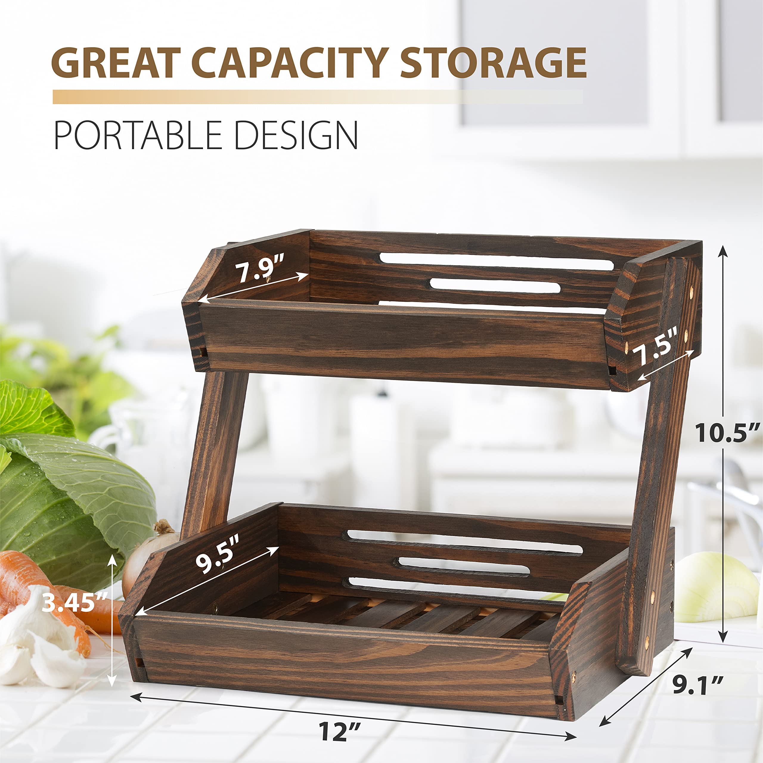 NAGAWOOD Large Capacity 2-Tier Wooden Fruit Basket, Durable Acacia Wood, 10.5" Tall, Spacious for Produce, Vegetables, Bread Storage and Home Kitchen Countertop