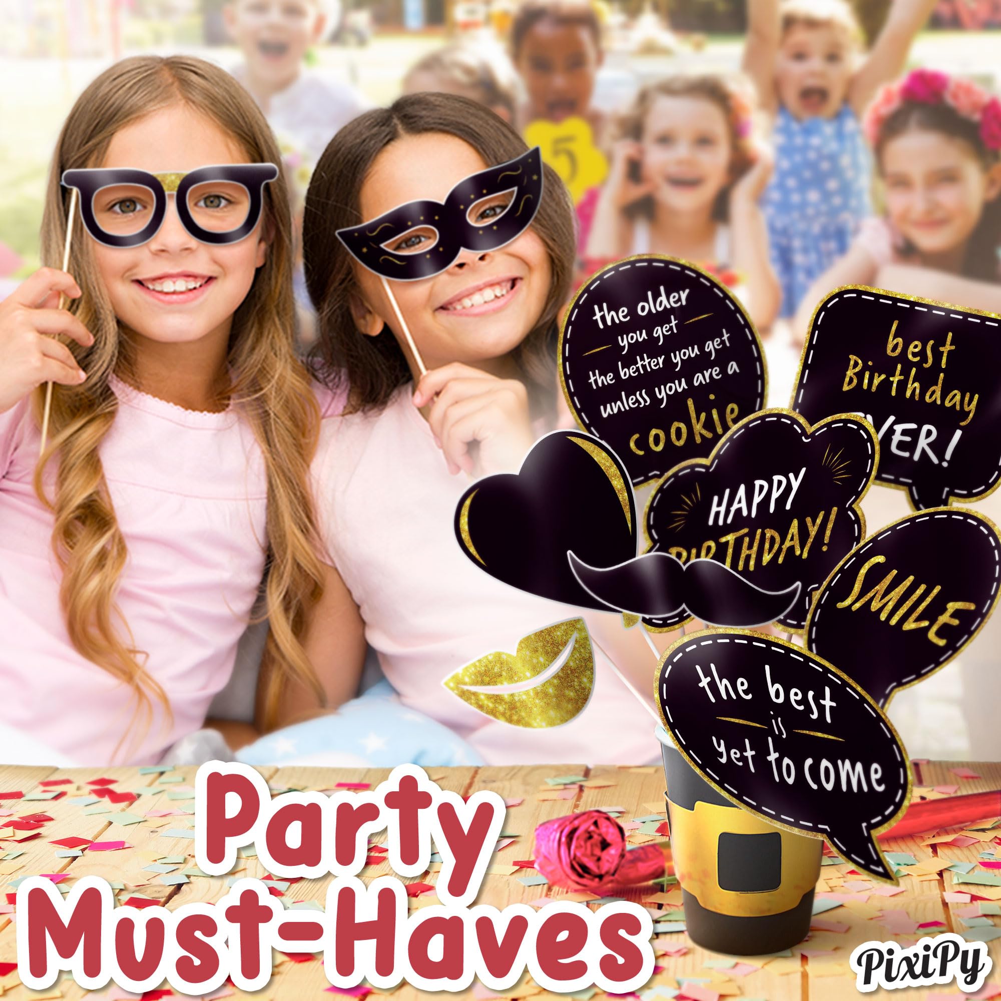 Premium Birthday Photo Booth Props Kit - 27 Pieces Black & Gold Party Decorations - Durable & Easy-to-Use Photobooth Props Signs for Memorable Photos - Party Supply Decorations - by PixiPy